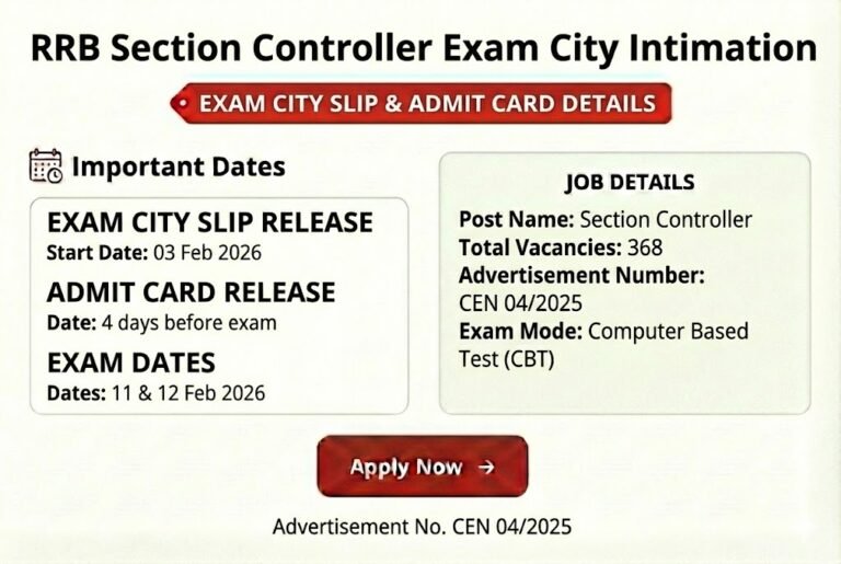 RRB Section Controller Exam City Intimation Slip 2026, Admit Card Link ...